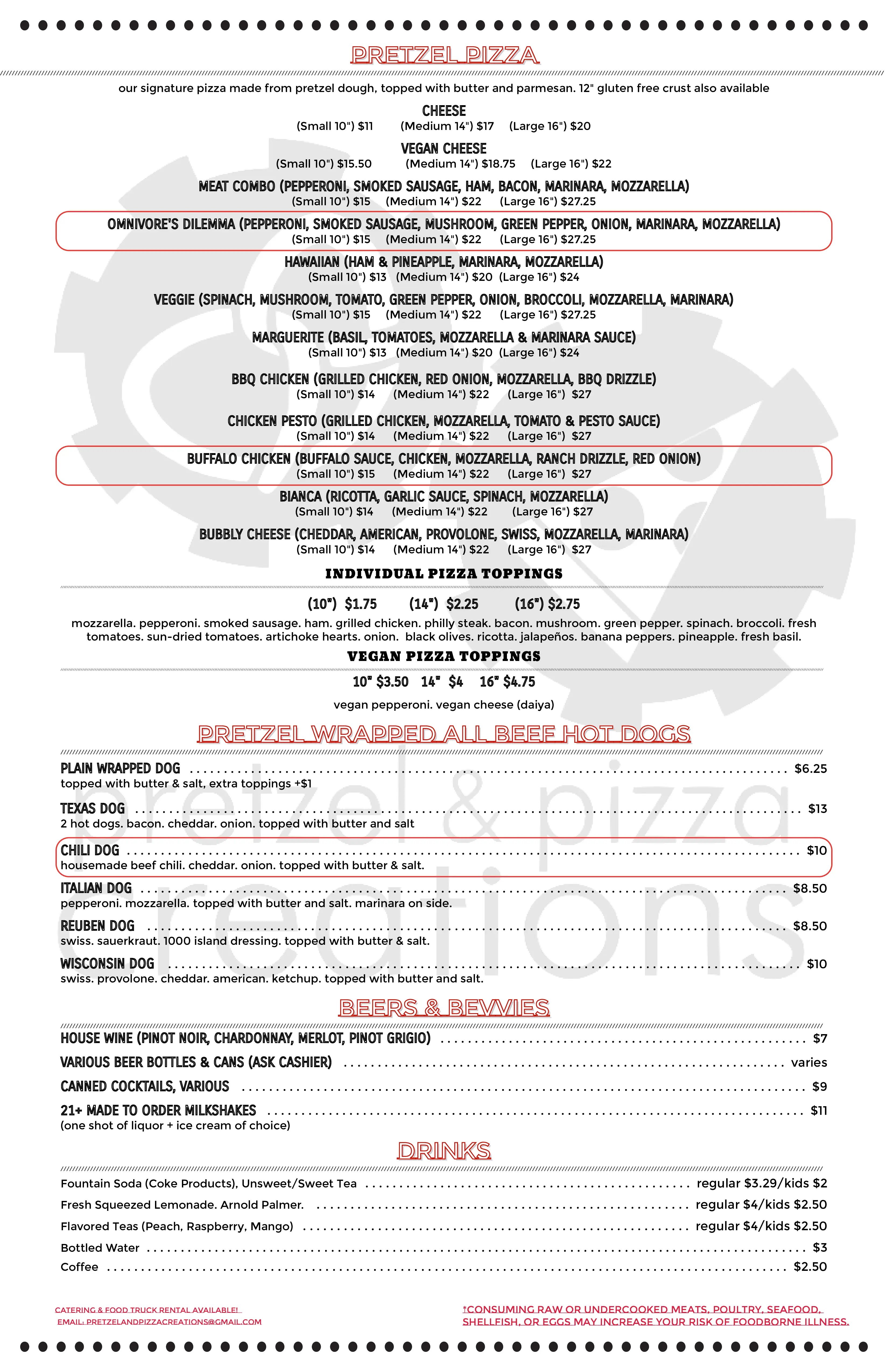 Pretzel and Pizza Creations Frederick Menus