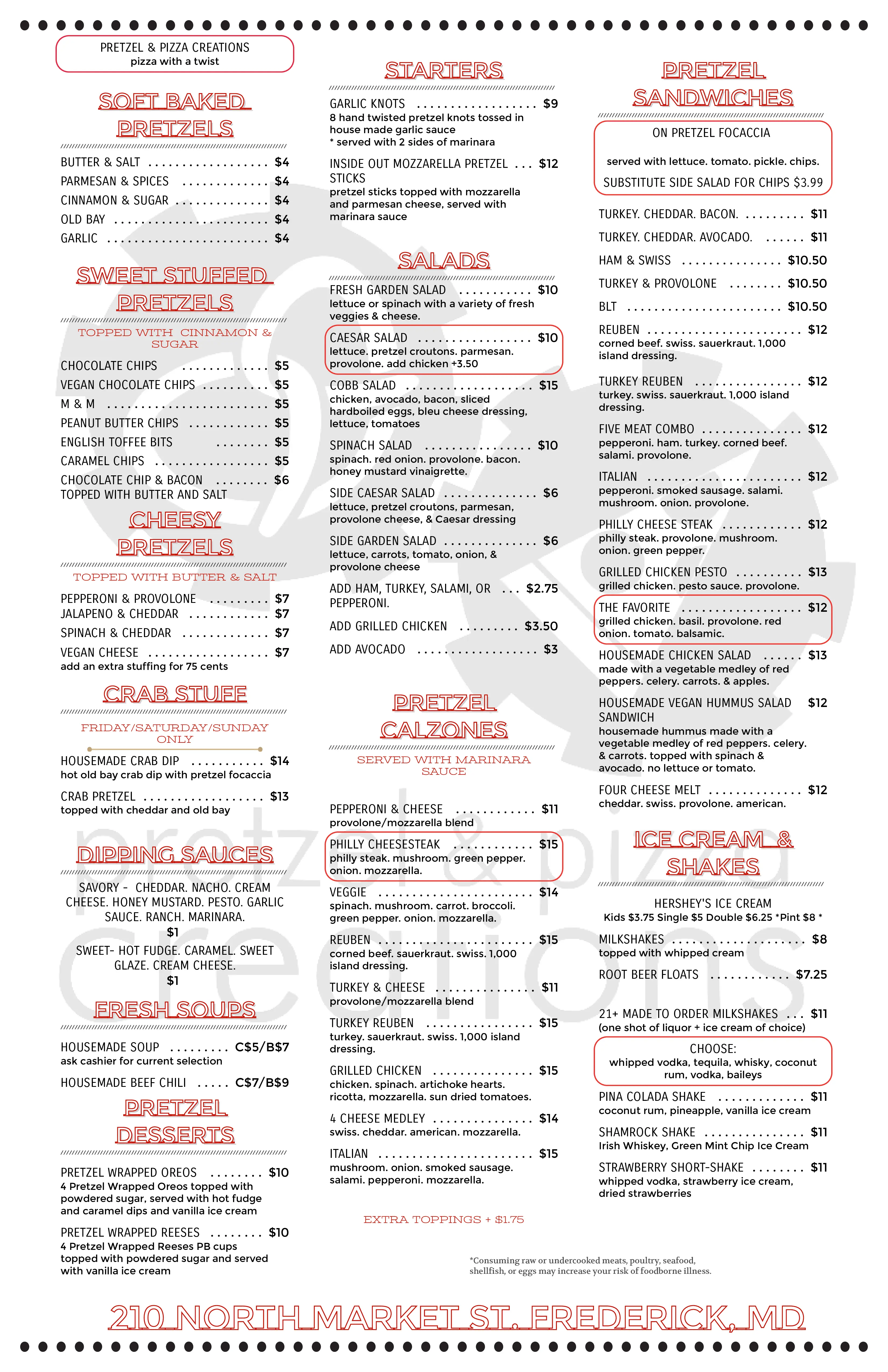 Pretzel and Pizza Creations Frederick Menus