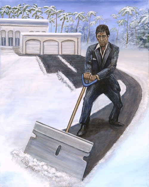 Scarface shoveling snow. Tony Montana Blow Shovel. | Travis Chapman Art