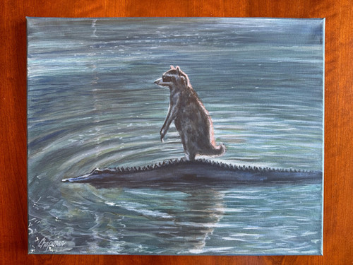 Raccoon riding on the back of alligator original acrylic painting 16“ x ...