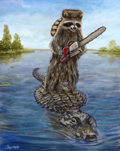 Raccoon named Frank wearing a coonskin cap with a chainsaw riding a ...