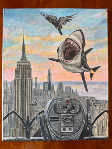 Shark attacks pigeon at viewpoint New York skyline crying binoculars ...