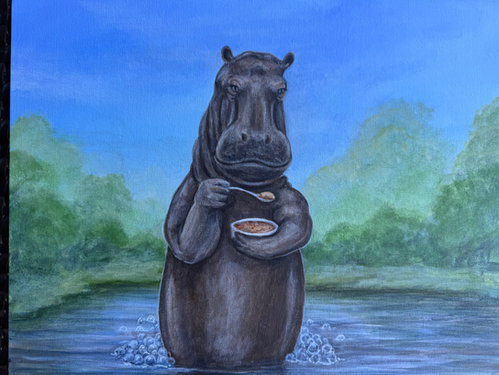 Hippo eats crème brûlée out of a bowl after a battle his name is Rocco ...