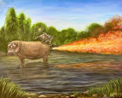 Raccoon lights a hippo fart. Massive flames. | Travis Chapman Art