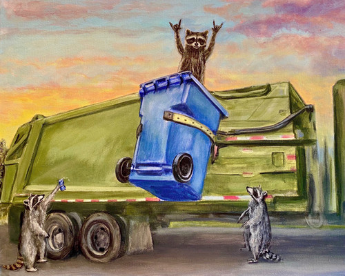 King of the raccoons. Triumphant raccoon rides trash can into truck.