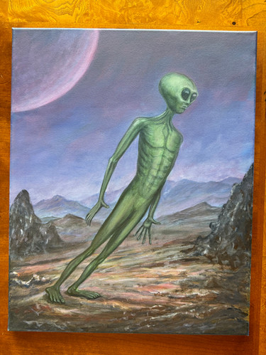 Alien leaning foreward. With planet Original painting | Travis Chapman Art