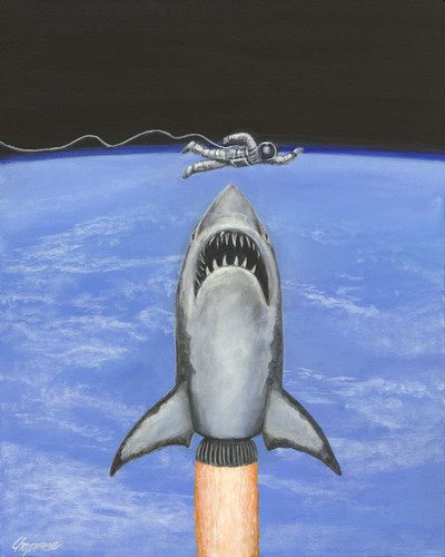Rocket Shark. Jaws in space attacking astronaut. | Travis Chapman Art