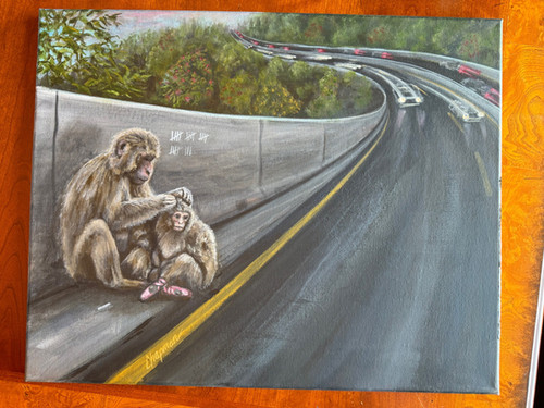 Count the head lice on the highway. Original painting monkeys nit pick ...