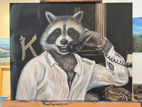 Kip, the raccoon on the phone doing serious business Scarface meme original | Travis Chapman Art