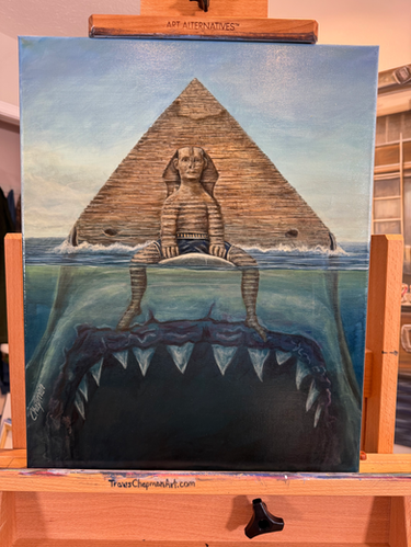 Surfing sphinx with pyramid shark behind him original what’s under the ...