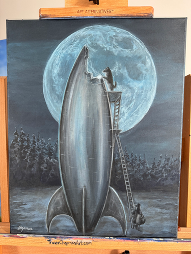 Wolves constructing a rocket welding in front of the moon original ...