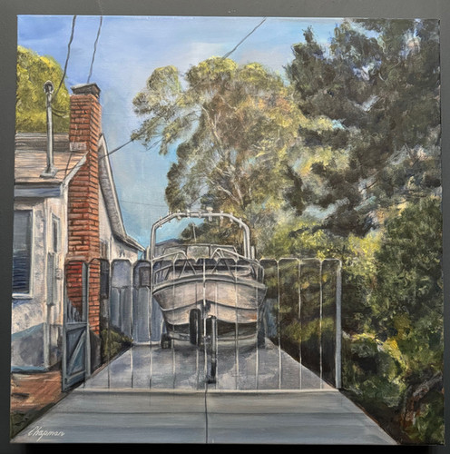 Boat painted on a fence to spite HOA original acrylic painting 20” x 20 ...