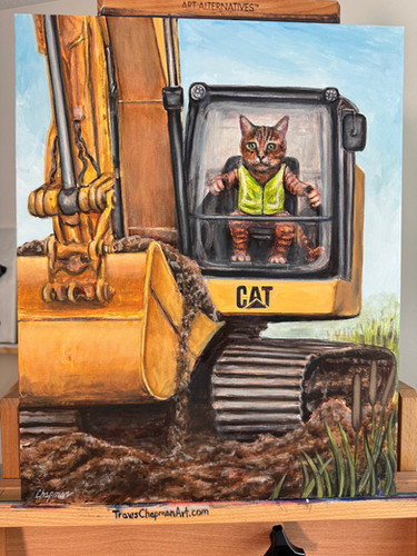 Cat operator, hand embellished canvas print. Cat in a backhoe working ...