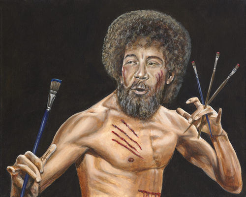 Canvas Assassin. Bob Ross Bruce Lee mashup black background.happy ...