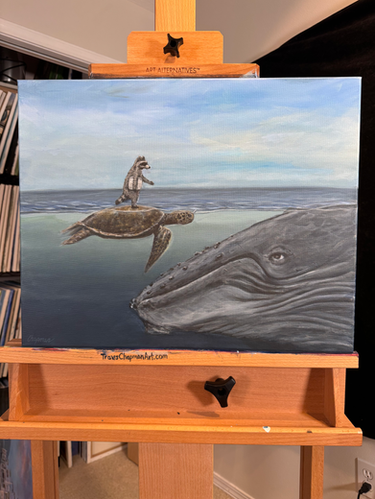 Kip negotiates a ride with a whale while standing on a coke turtle ...