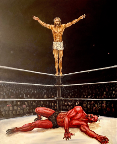Jesus beats the devil in a pro wrestling match. Original acrylic ...