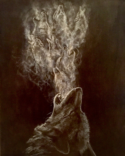 Wolf ancestral howl. Wolf howling while It’s breath forms more wolves ...