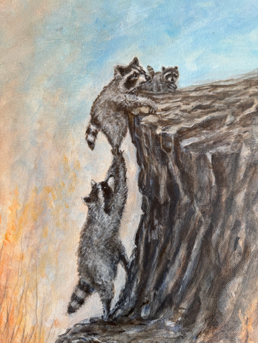 Raccoons trying to save baby Kip from a fire. Climbing steep rocks ...
