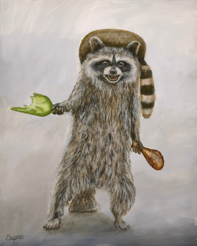 Raccoon with raccoon hat, broken bottle and chicken leg. His name is ...