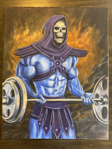 Skeletor pumping iron in the gray skull gym lifting weights with fire ...