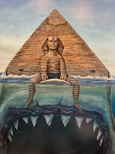 Surfing sphinx with pyramid shark behind him. | Travis Chapman Art