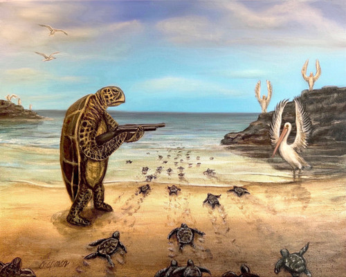 Adjusting the odds . Sea Turtle Protecting its babies. Turtle with shotgun. | Travis Chapman Art