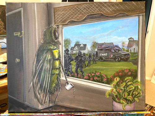 Fly get swatted by SWAT team. Fly looking out the window as swat team ...