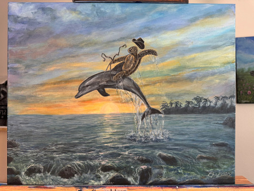 Sea turtle in cowboy hat, rodeo ride on a dolphin sunset background ...