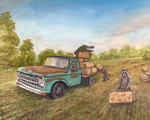 Kip and his raccoon friends bucking hay bales into a 66 Ford truck ...