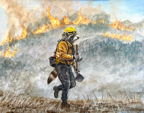 Raccoon smoke jumper, firefighter Kip with digging tool Pulaski ...