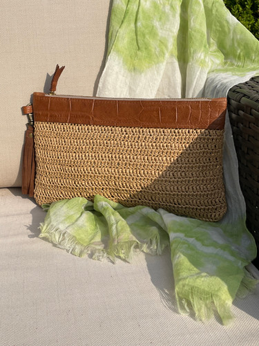 Handmade Natural Raffia and Leather Clutch with Suede Tassel | Karen ...