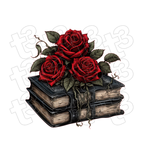 Books w/ Red Roses UV DTF Decal | Thirsty Turtle