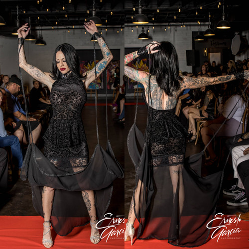 Sabra Kadabra's Ink and Lace sheer black velvet mermaid gown | sabrakadabra