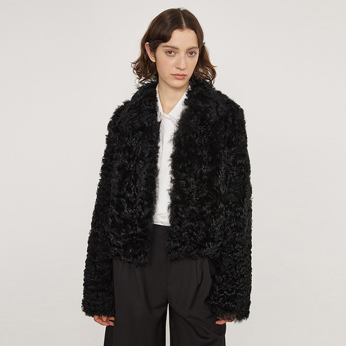 Curly Lamb Fur Jacket in Black | daymisfurry