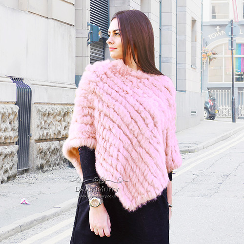 Knit Pink Rabbit Fur Poncho in Soft Pink | daymisfurry
