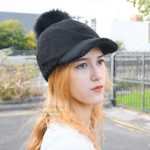 Wool Peaked Baseball Cap With Fox Fur Pompom | daymisfurry