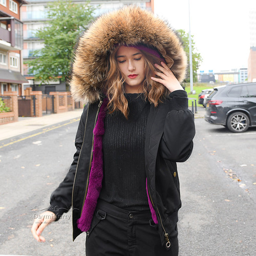 Rex Rabbit Fur Lined Bomber Jacket With Real Fur Collar | daymisfurry