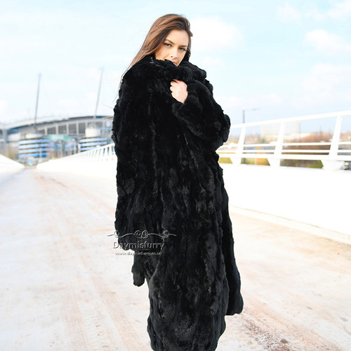 Pieced Rex Rabbit Fur Belt Coat in Black | daymisfurry
