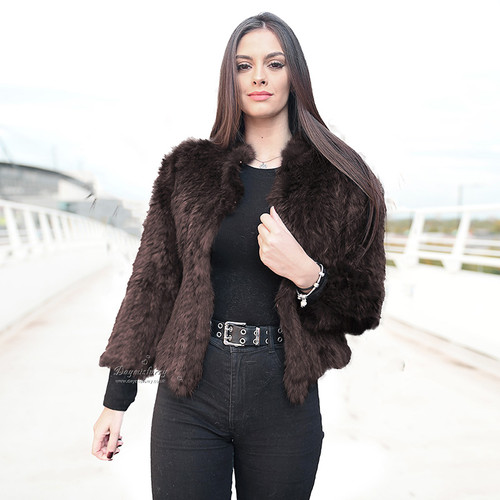 Knit Rabbit Fur Jacket in Chocolate | daymisfurry