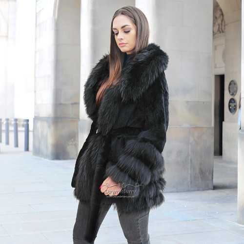 Sheared Rabbit Fur Coat with Finn Raccoon Trim in Black | daymisfurry