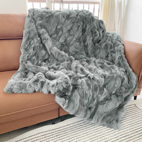 Patchwork Rabbit Fur Blanket / Throw in Grey | daymisfurry