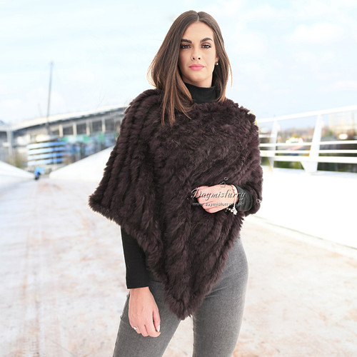 Knit Rabbit Fur Poncho in Chocolate | daymisfurry