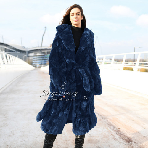 Pieced Rex Rabbit Fur Coat in Navy | daymisfurry