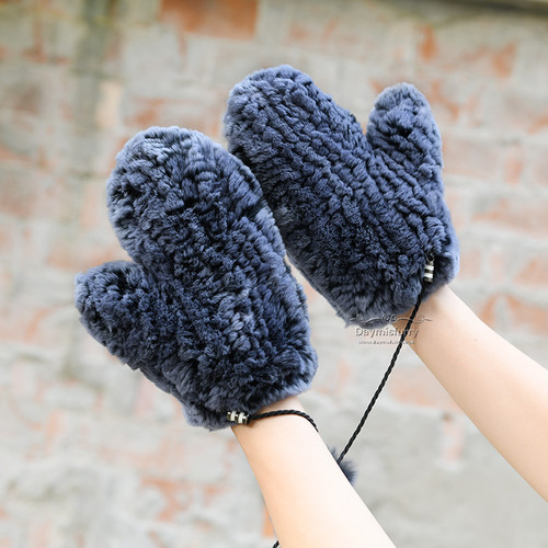 Rex Rabbit Fur Mittens in Special Navy | daymisfurry