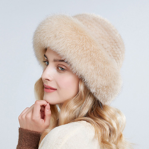 Mink Fur Hat With Fox Fur Trim in Beige | daymisfurry