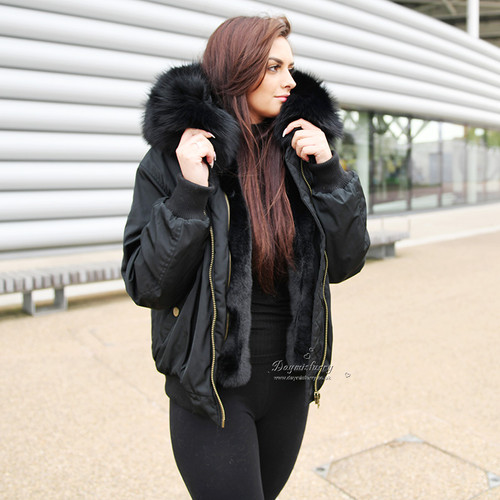 Rex Rabbit Fur Lined Bomber Jacket With Raccoon Fur Collar | daymisfurry