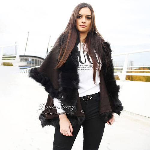 Layered Fox Fur Trim Cape in Black | daymisfurry