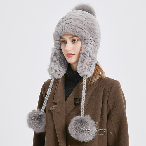 Rex Rabbit Fur Hat with Fox Fur Pom in Grey | daymisfurry
