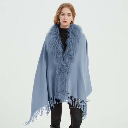 Mongolian Sheepskin Wool Shawl in Denim | daymisfurry