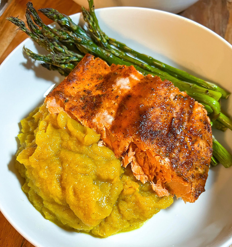 Buffalo Salmon with Sweet Potato Beet Puree